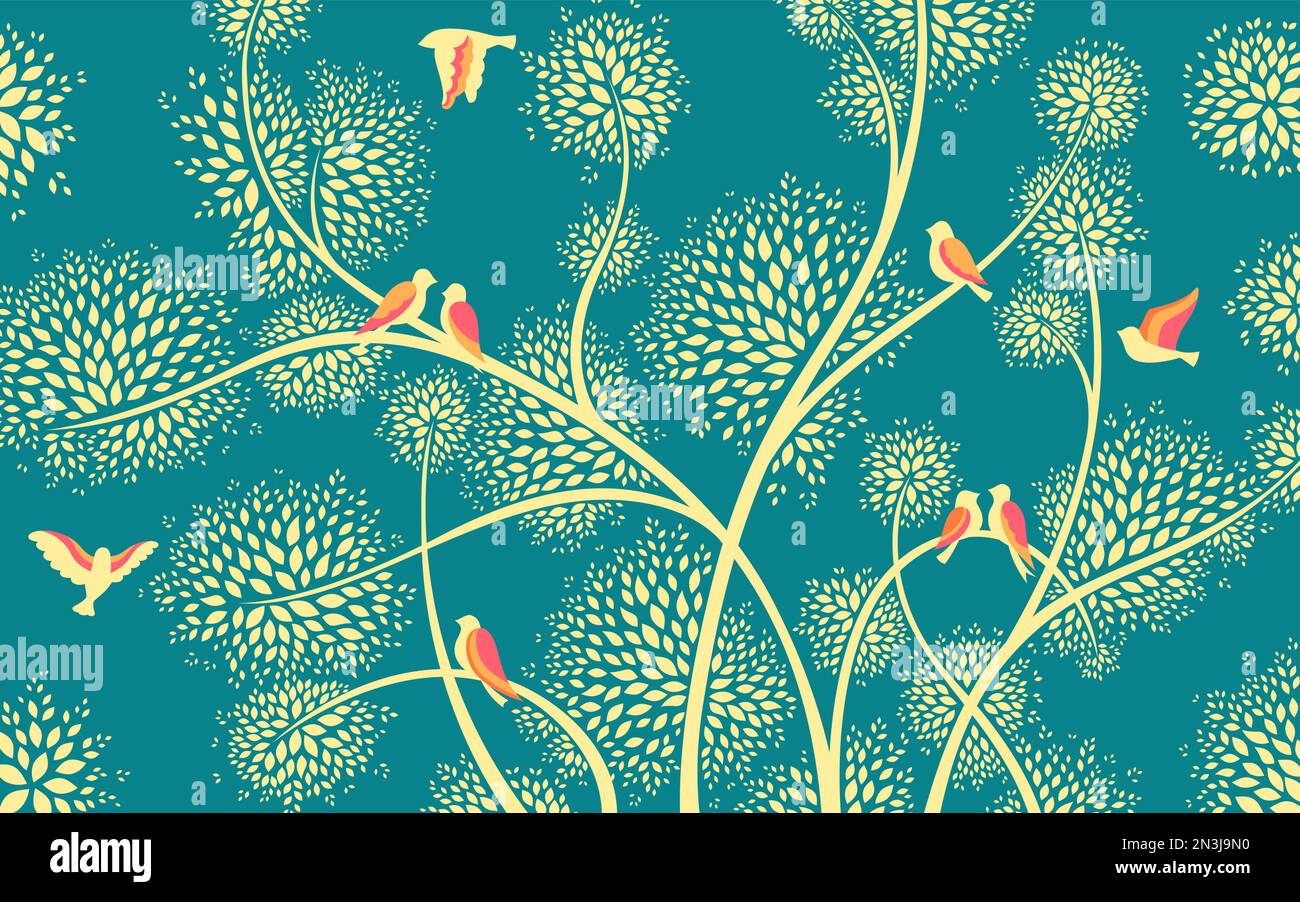 Flock of bird and tree branches stylized pattern. Silhouette shape ...