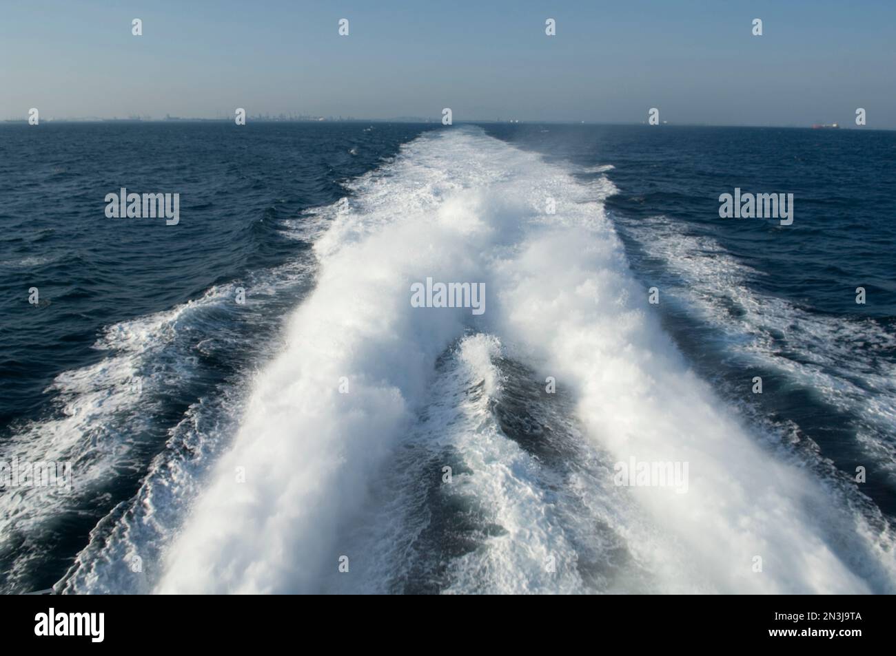 Boat wake trailing a ferry from Long Beach to Catalina Island in the ...