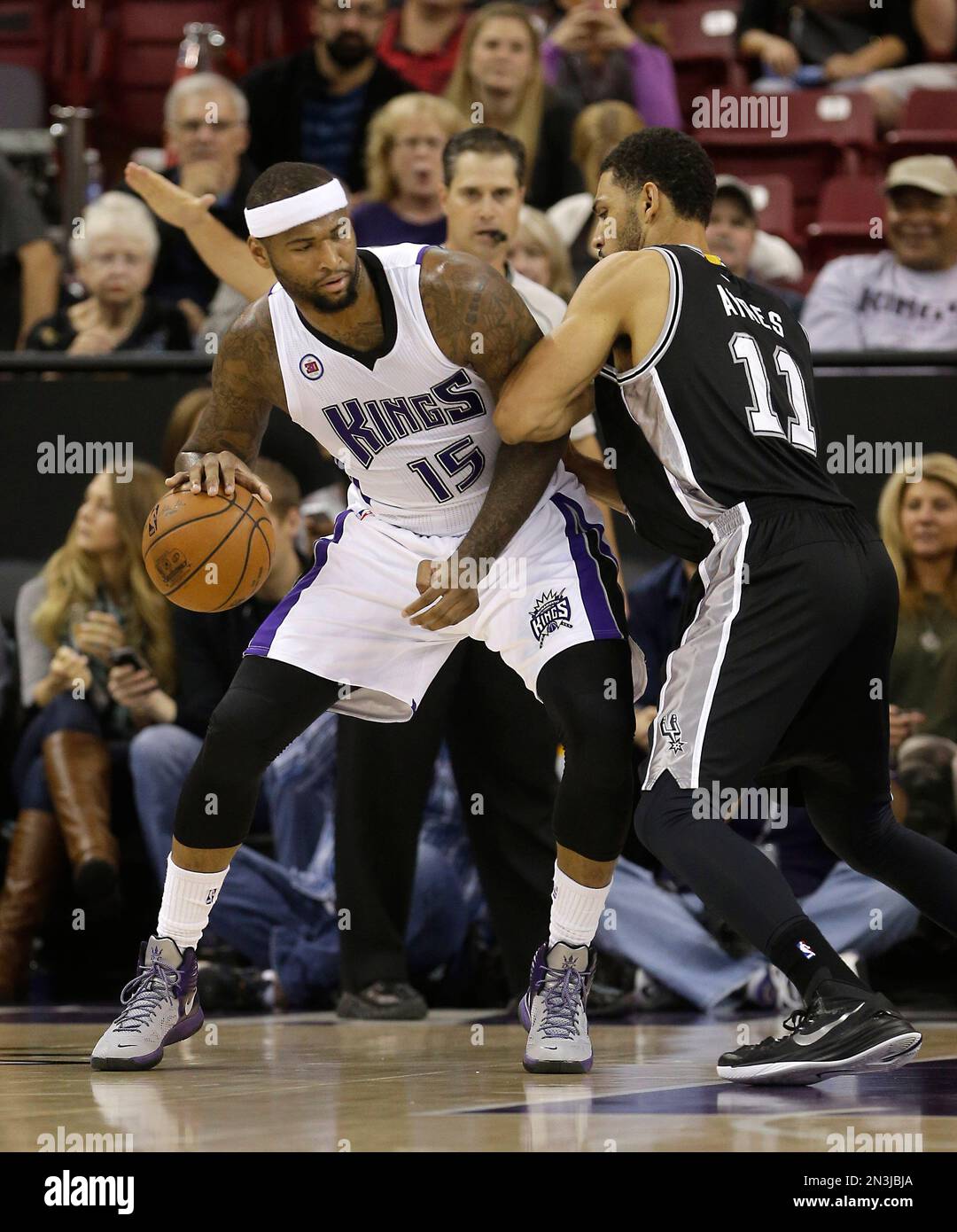 San Antonio Spurs center Jeff Ayres, right, tries to stop the drive of ...