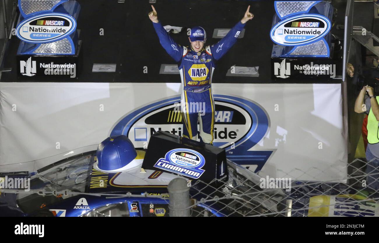 Chase Elliott celebrates after winning the NASCAR Nationwide series ...