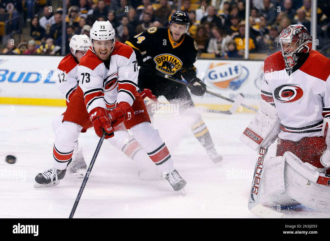 Carolina Hurricanes' Brett Bellemore (73) tries to stop the shot on Cam ...