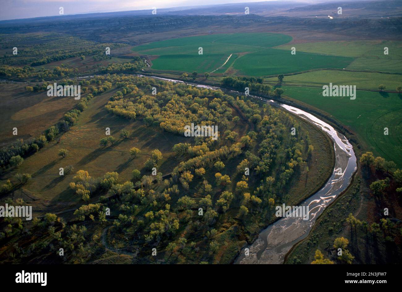 Aerial view of the Powder River and farmland in Wyoming, USA; Powder ...