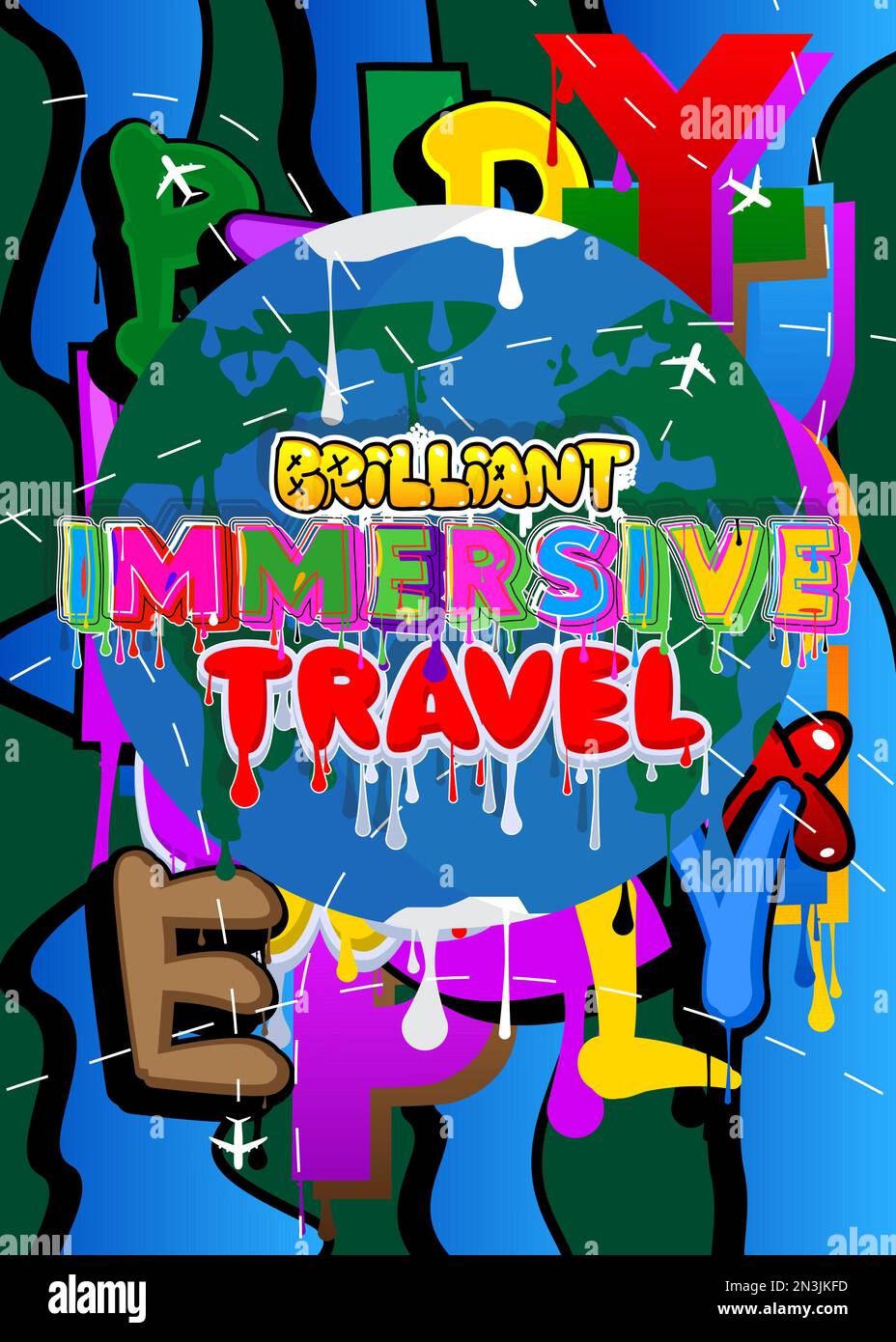 Planet Earth Graffiti with Brilliant Immersive Travel text. Abstract ...