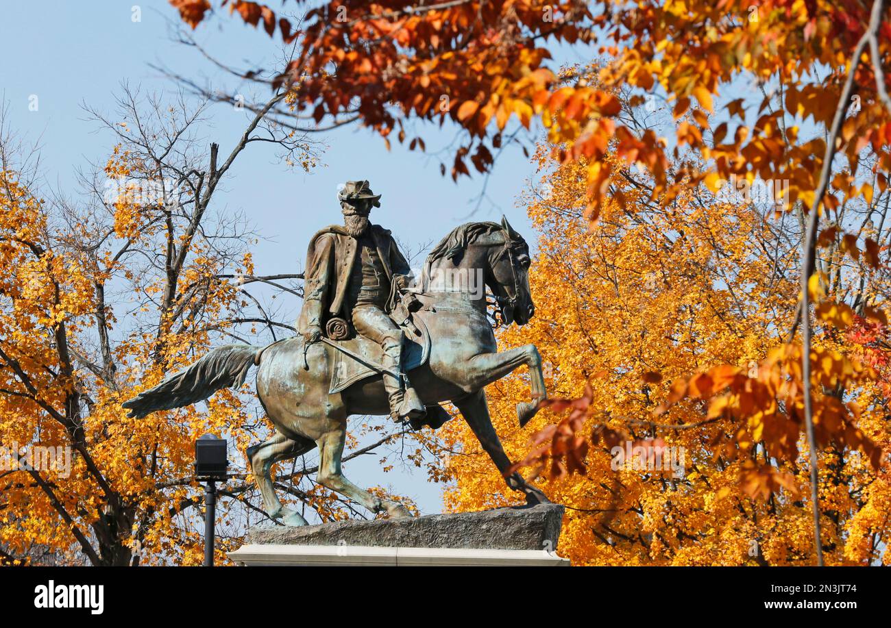 Fall leaves frame the statue of Confederate Maj. Gen. J.E.B. Stuart on ...