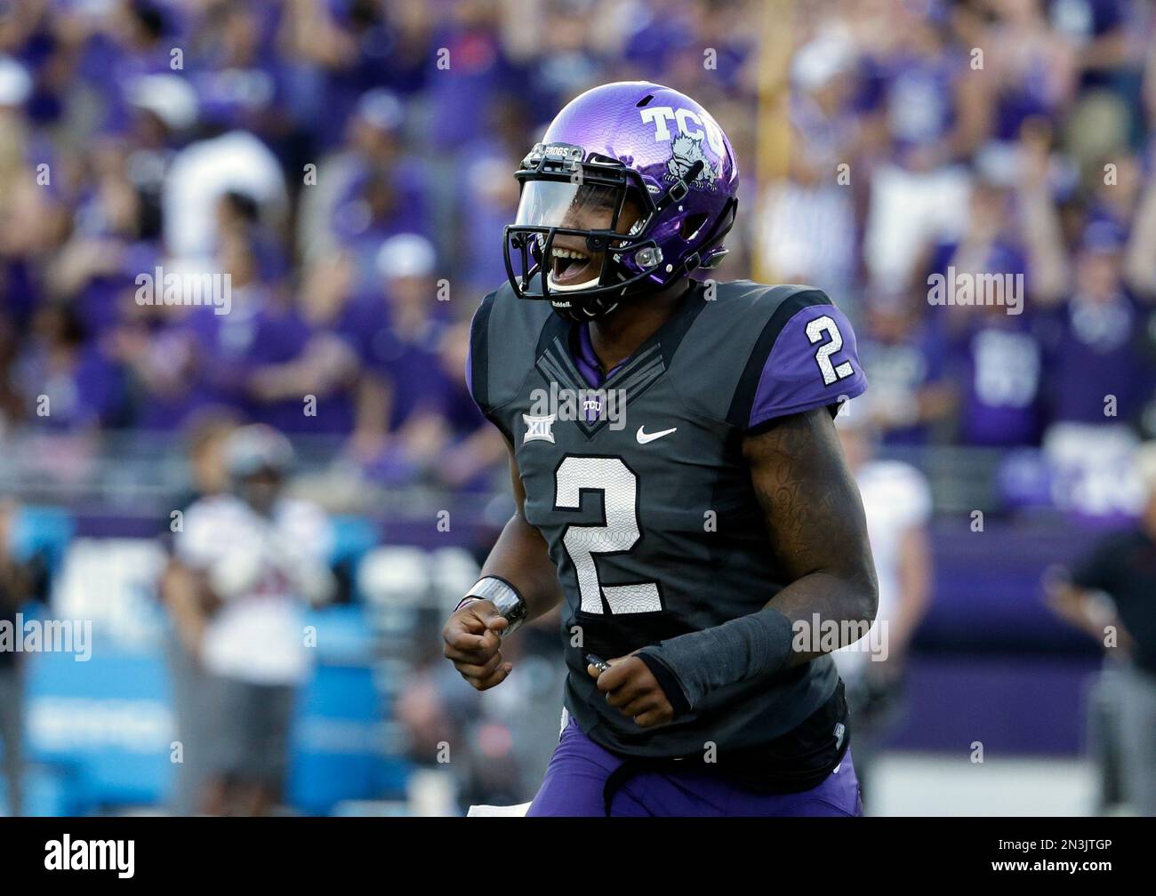 TCU quarterback Trevone Boykin (2) celebrates a touchdown score during ...