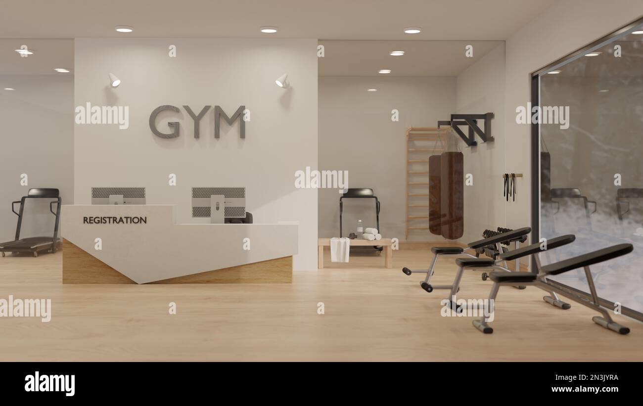 Modern gym lobby interior design in minimal white and wood style with ...