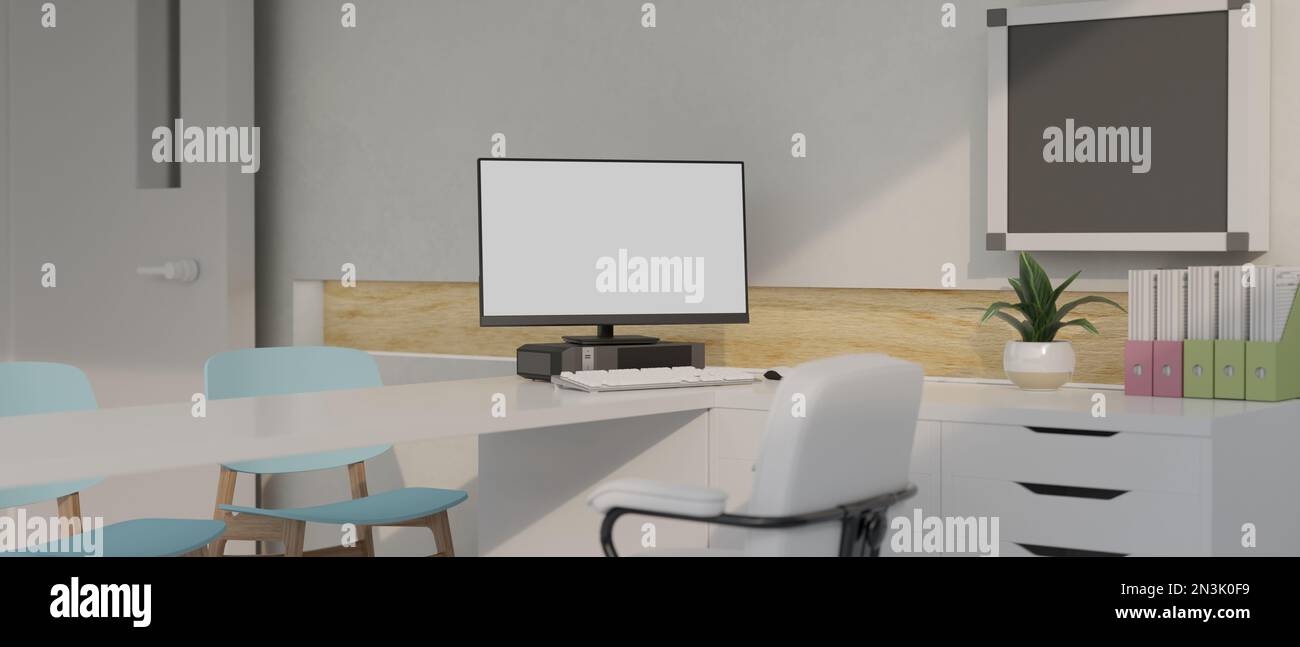 Modern doctor office interior design with computer blank screen mockup ...