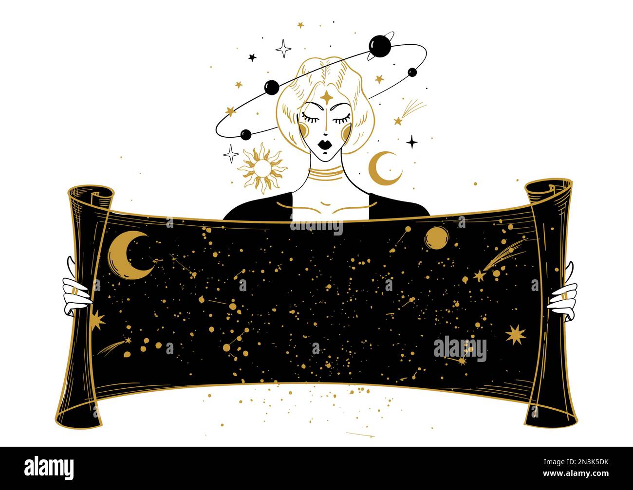 Mystical hand drawing in vintage style. A girl with flying planets ...