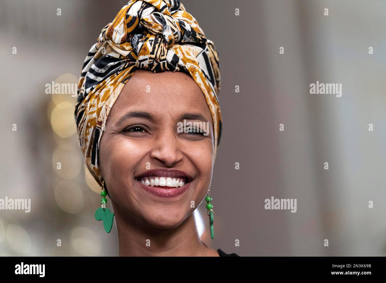 Rep. Ilhan Omar, D-Minn., speaks during an interview before President ...