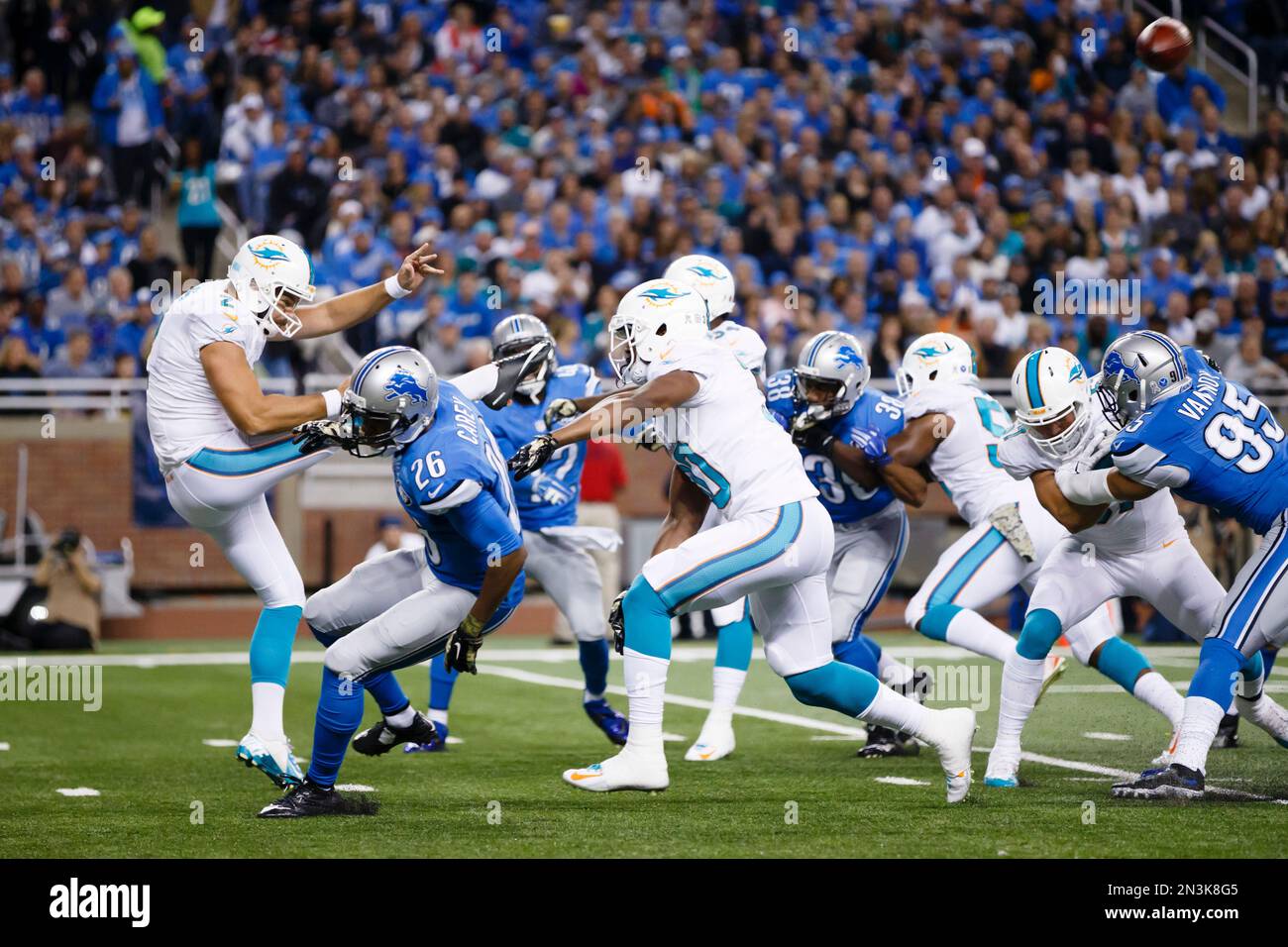Miami Dolphins punter Brandon Fields (2) punts against the Detroit ...