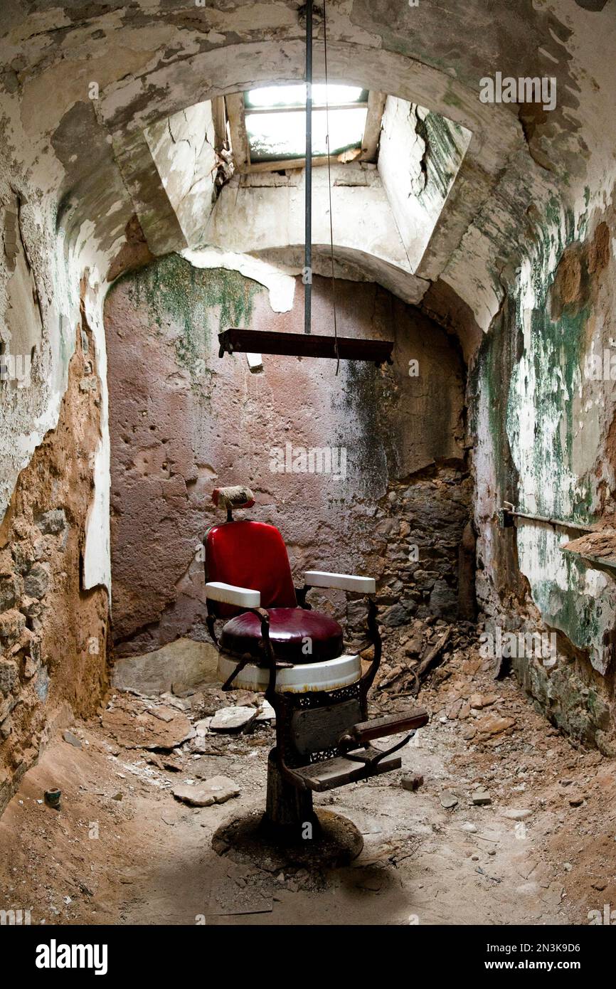 This Oct. 13, 2014, photo shows a barber shop in cellblock 10 at ...