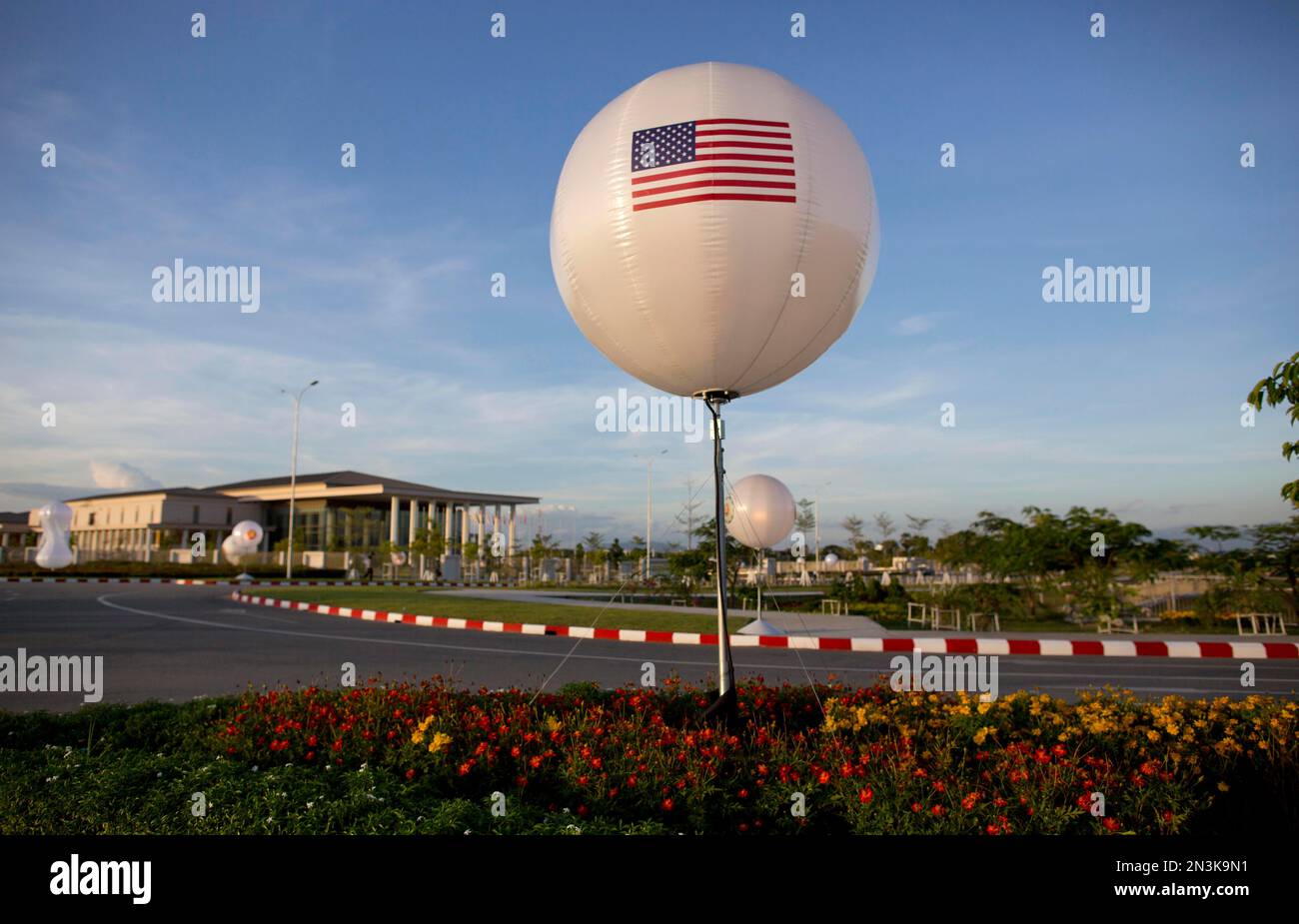A decorative balloon with the national flag of the United States is ...