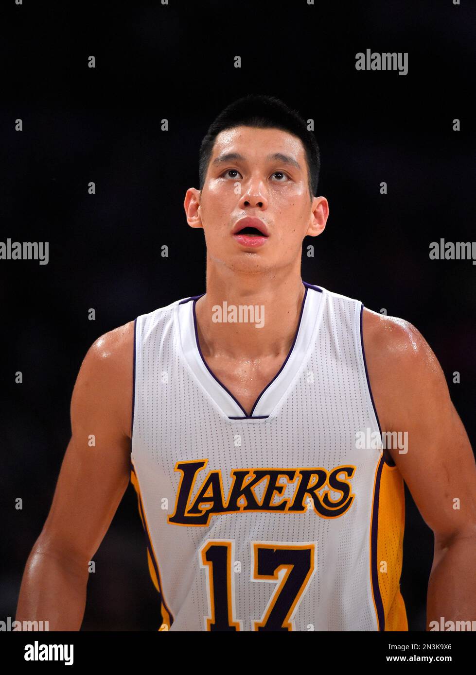 Los Angeles Lakers guard Jeremy Lin looks on during the second half of ...