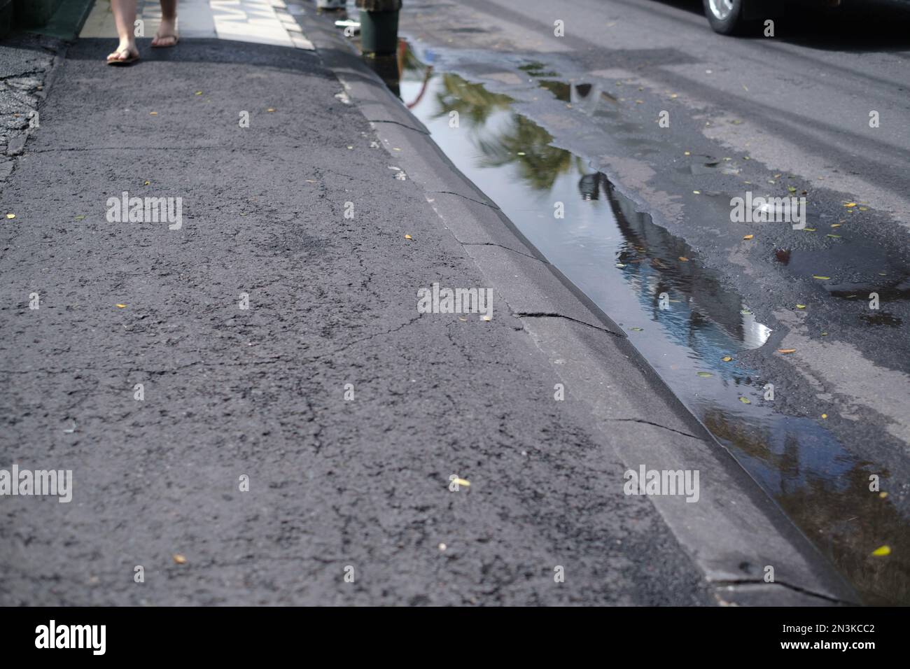A city sidewalk, made of asphalt, is shown with a puddle reflecting the ...