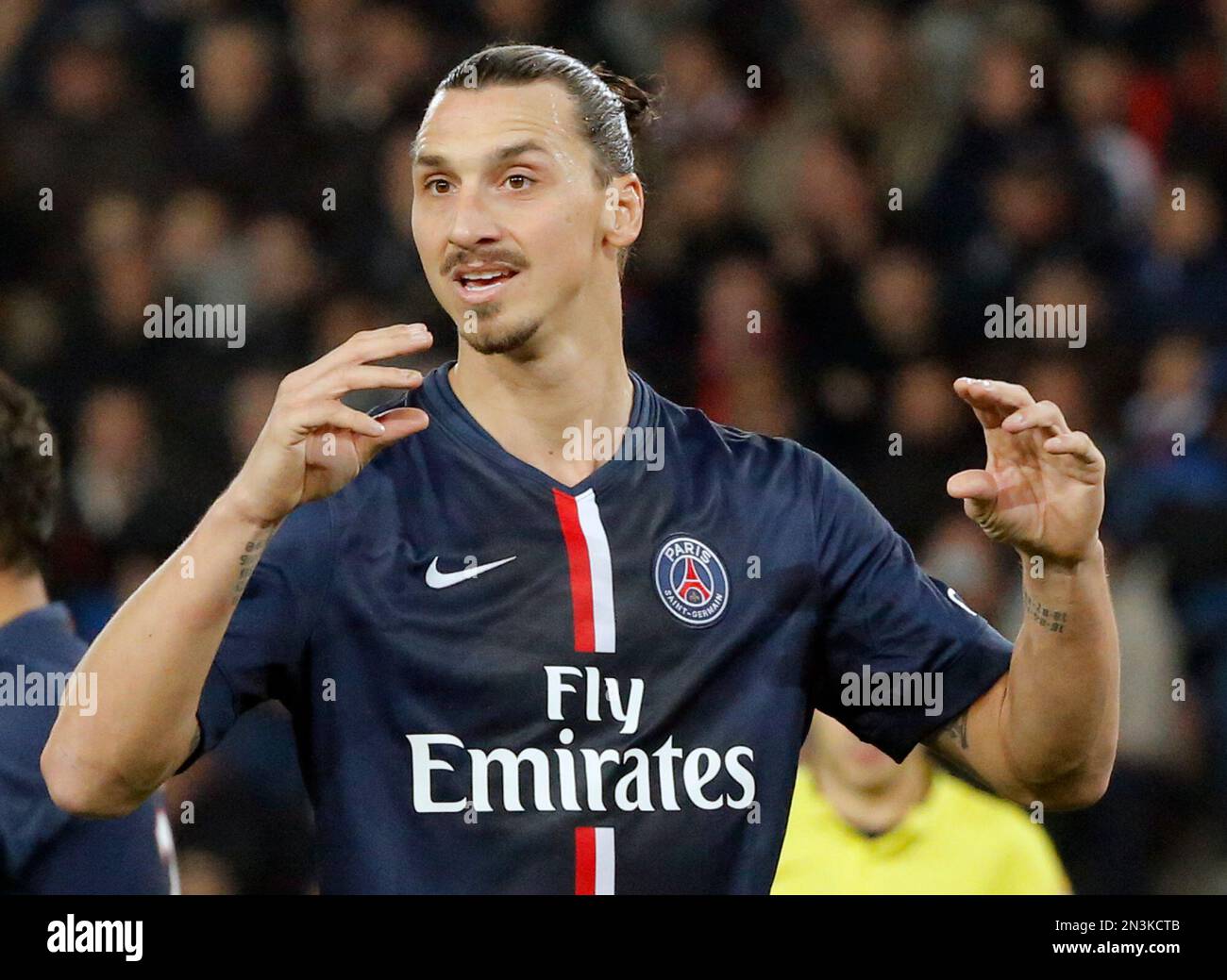 Paris Saint Germain's Zlatan Ibrahimovic gestures during their French ...