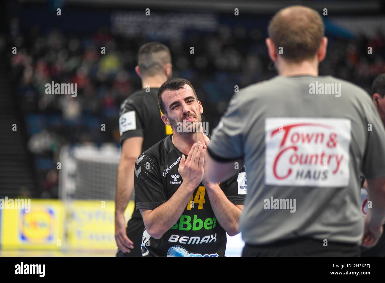 Milos Vujovic (Montenegro) arguing to the referee. EHF Euro 2022. Main ...