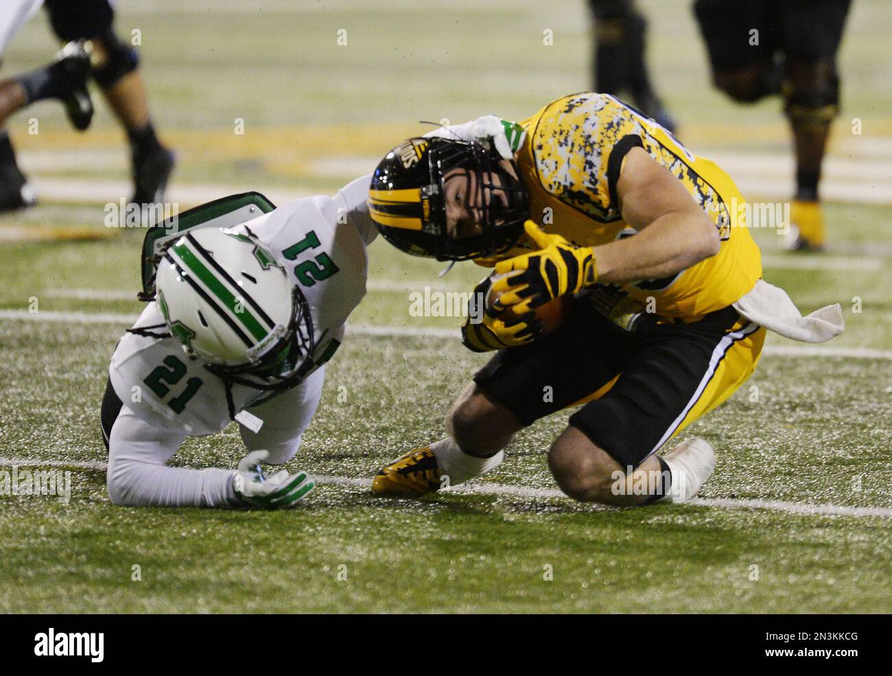 Southern Mississippi wide receiver Cooper Harrington (83) gets tackled ...