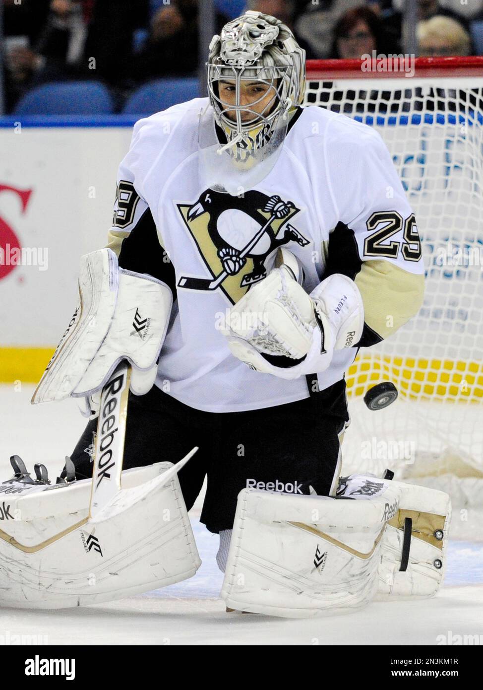 Pittsburgh Penguins goaltender Marc-Andre Fleury makes a save during ...