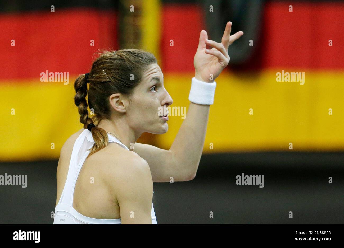 Germany's Andrea Petkovic argues a lines call during the Fed Cup Final ...