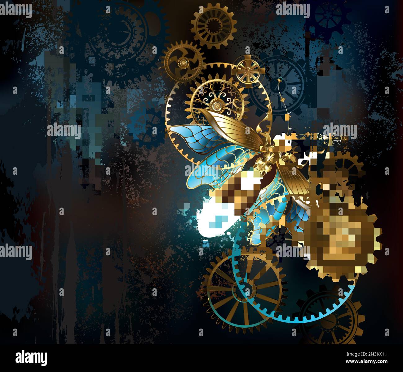 Steampunk firefly with blue transparent wings and green light bulb on ...