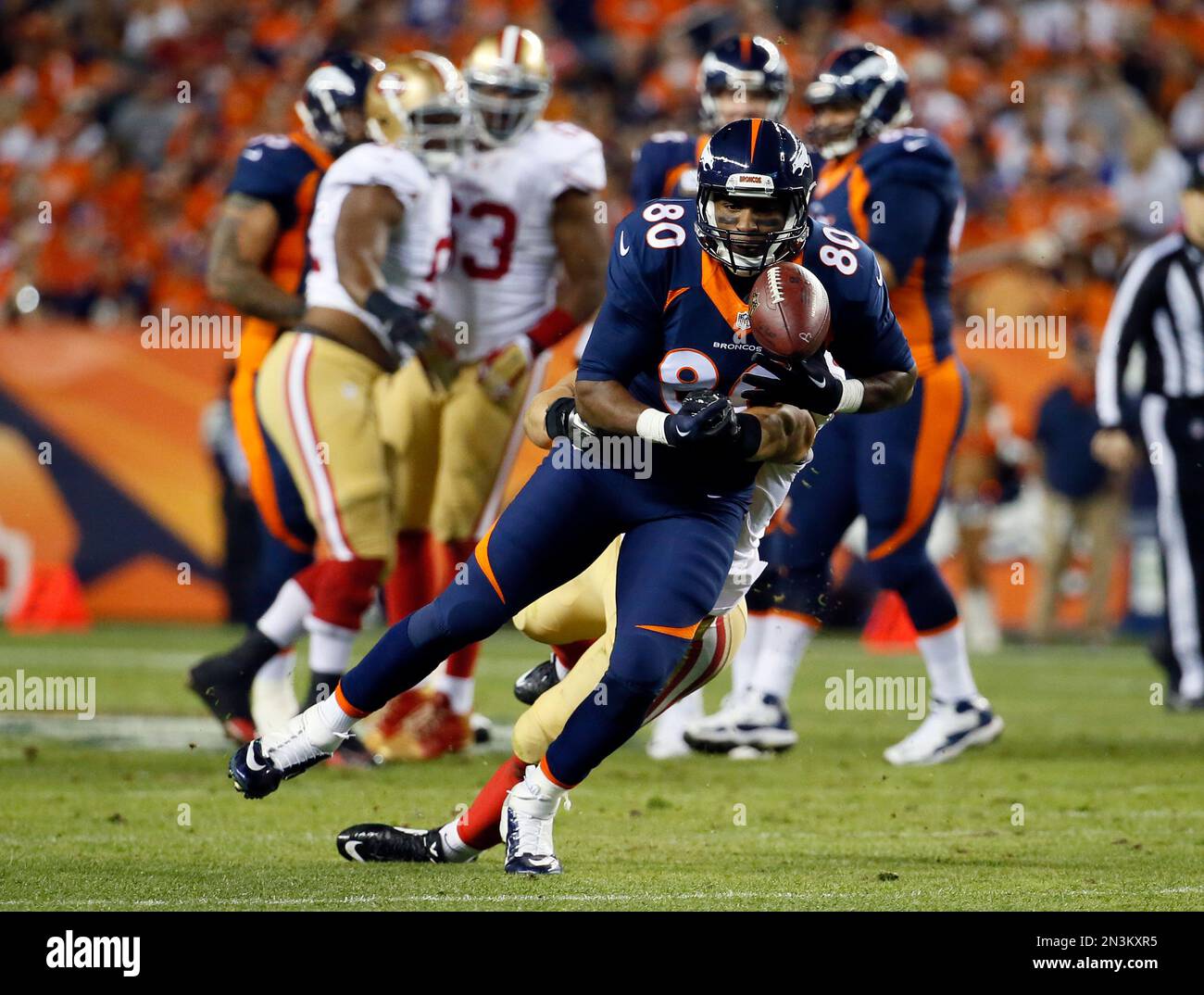 Denver Broncos tight end Julius Thomas (80) catches a pass during an ...