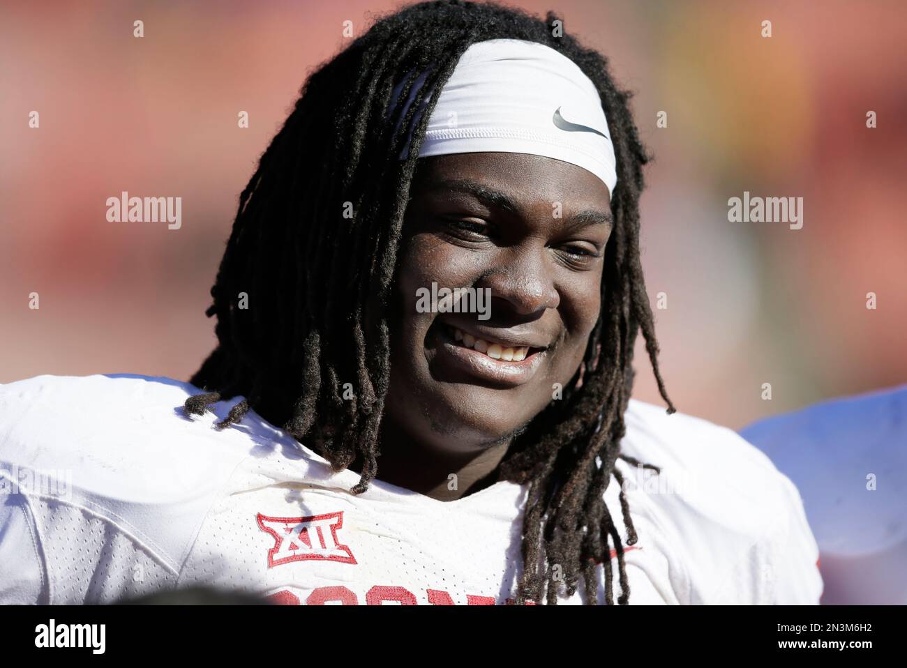 Oklahoma offensive tackle Tyrus Thompson stands on the sidelines during ...