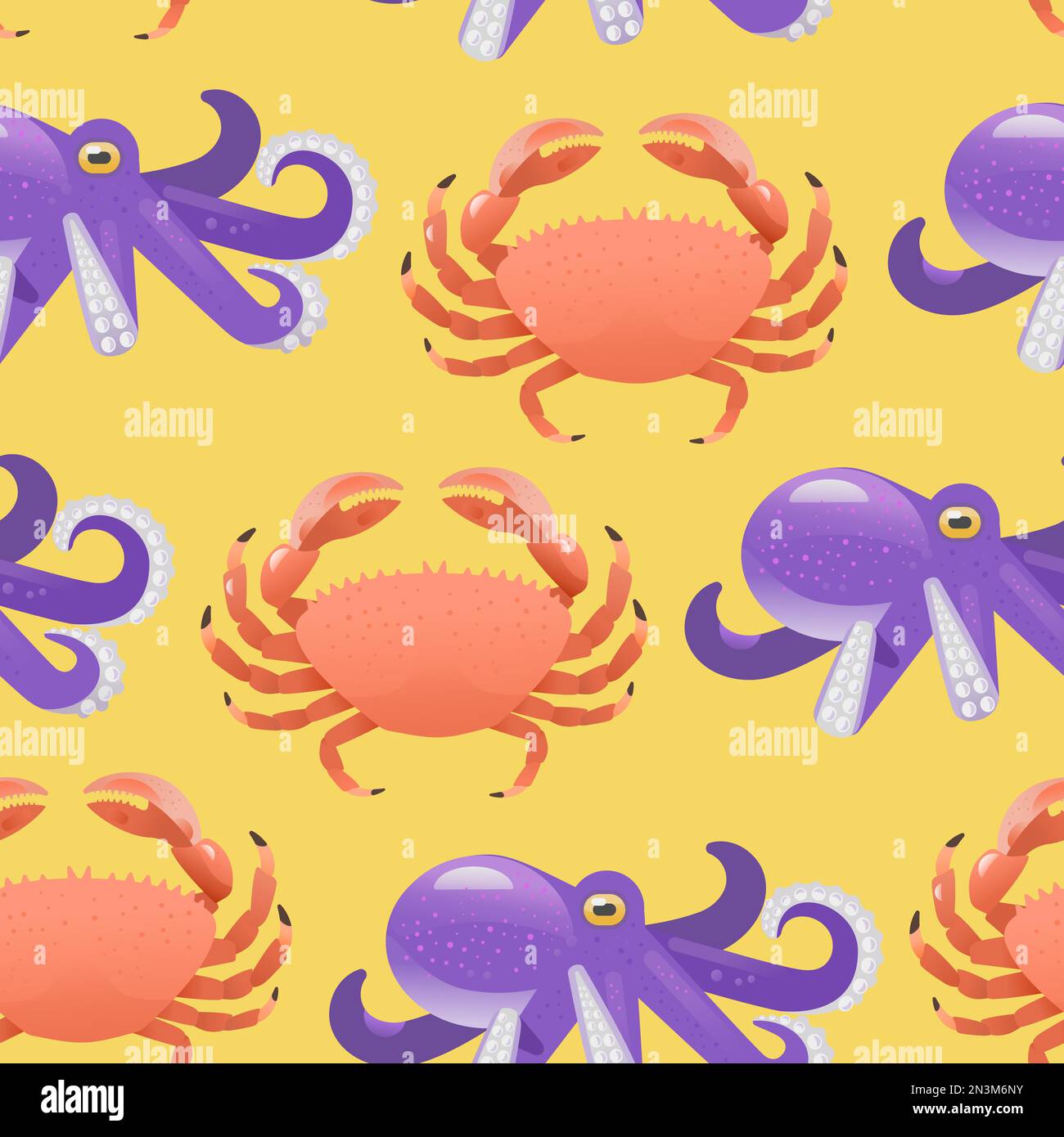 Vibrant cartoon seamless pattern with cute crabs and octopus. Vector ...