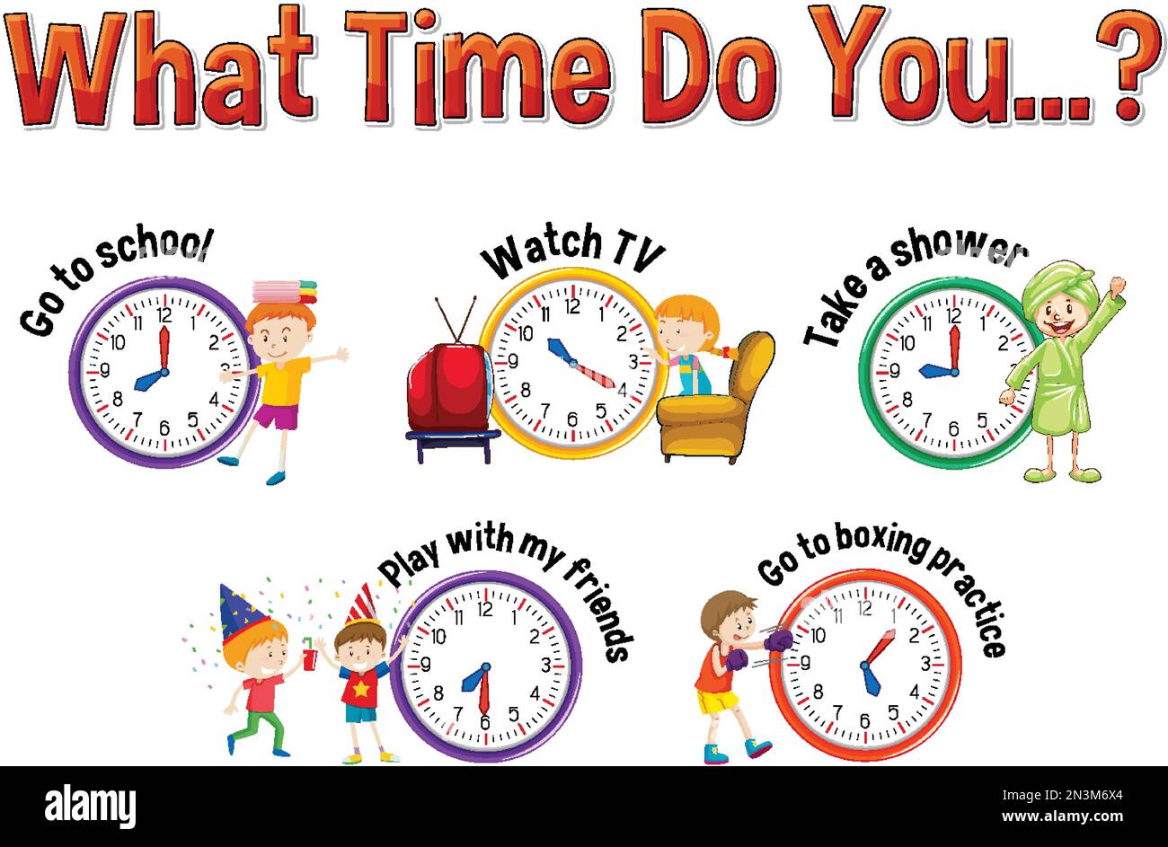 Daily routine with time and cartoon characters illustration Stock ...