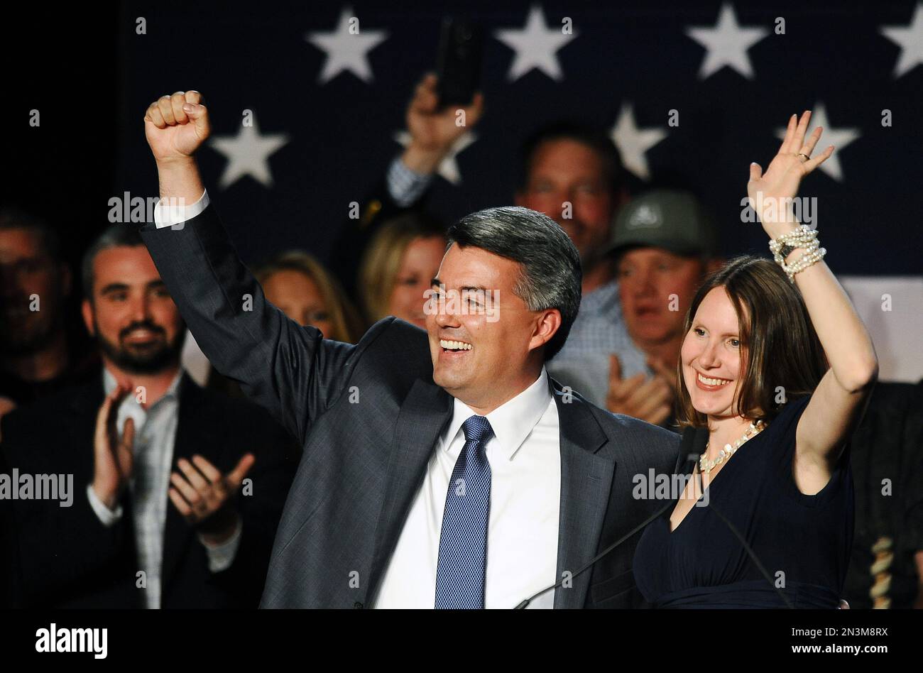 Senator-elect, U.S. Rep. Cory Gardner, (R-Colo.), left, celebrates with ...