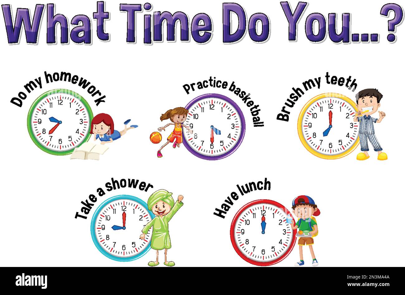 Daily routine with time and cartoon characters illustration Stock ...