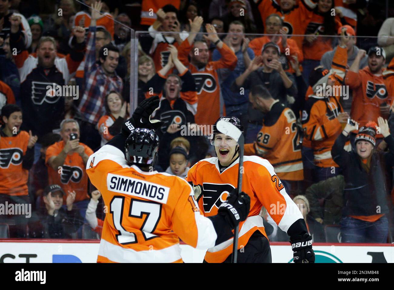 Philadelphia Flyers' Luke Schenn, right, and Wayne Simmonds celebrate ...