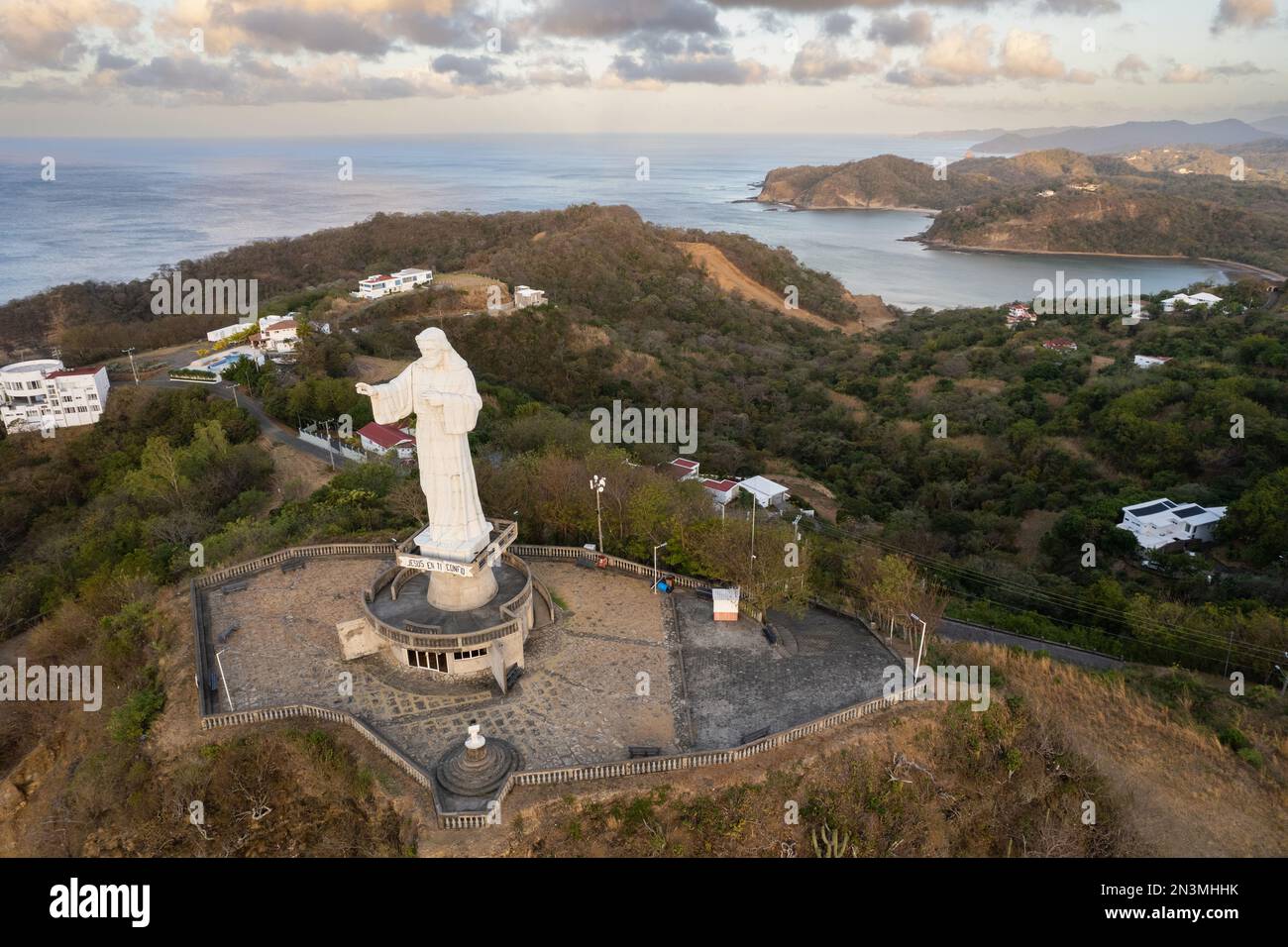 Jesus Christ view point in San Juan Del Sur Nicaragua aerial drone view ...