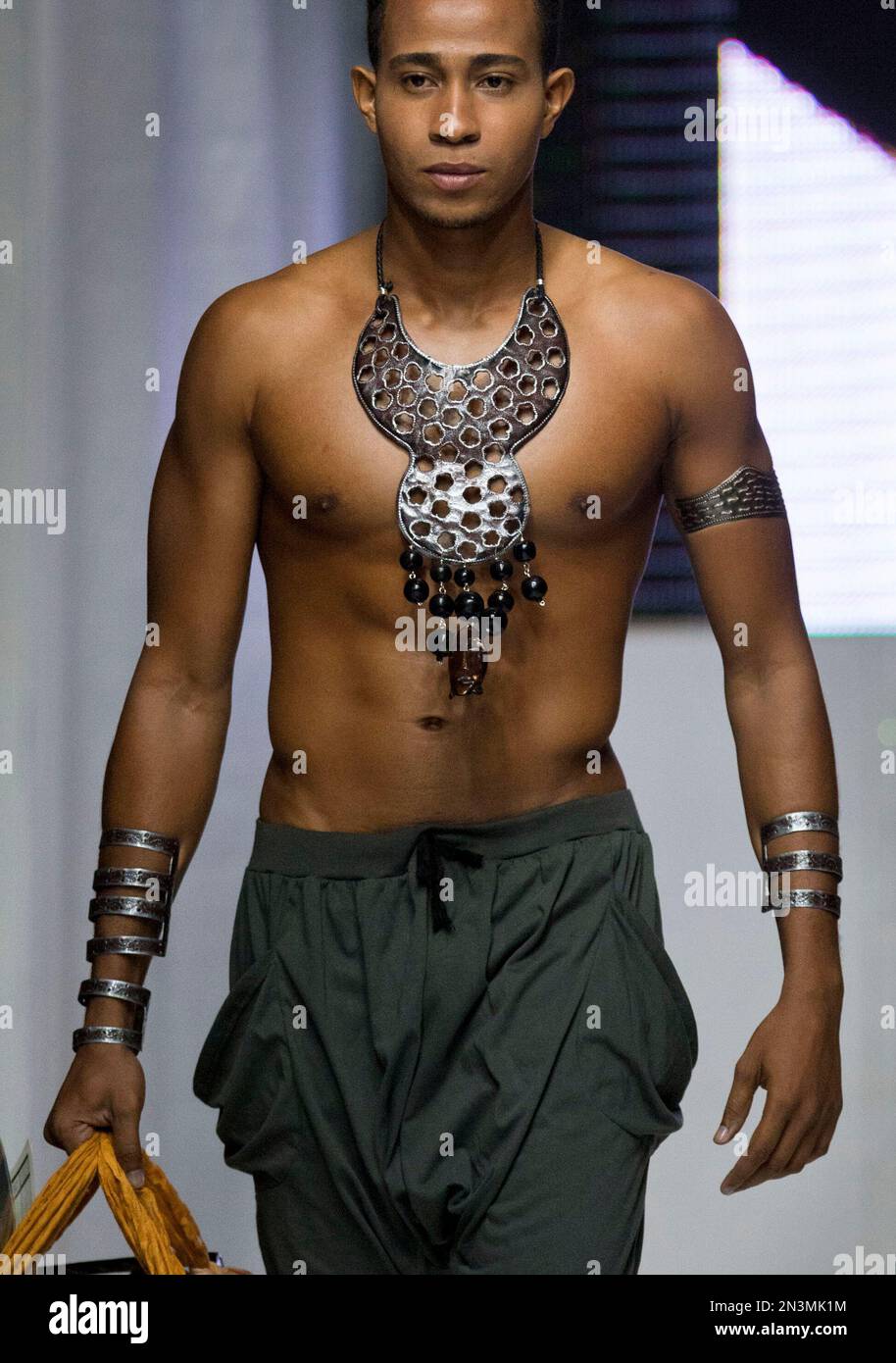 A model wears a creation by Haitian designer Gerry Romain during ...