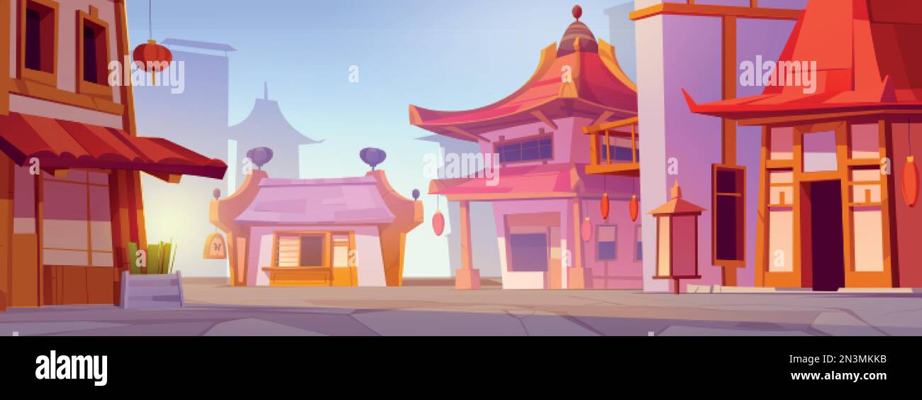 China city street with asian town buildings with lanterns and red roofs ...