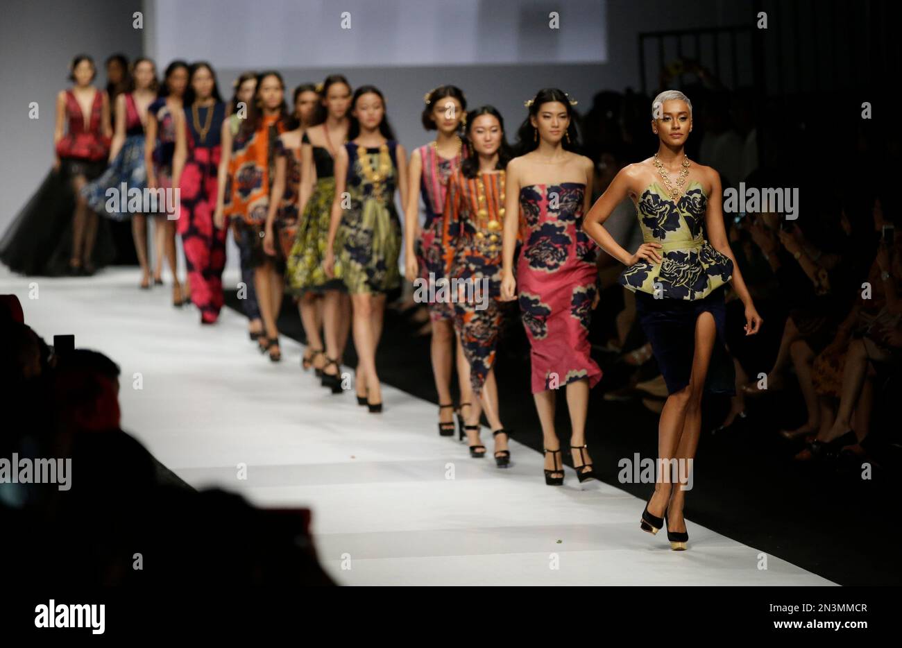Models show creations designed by Alleira during the Jakarta Fashion ...