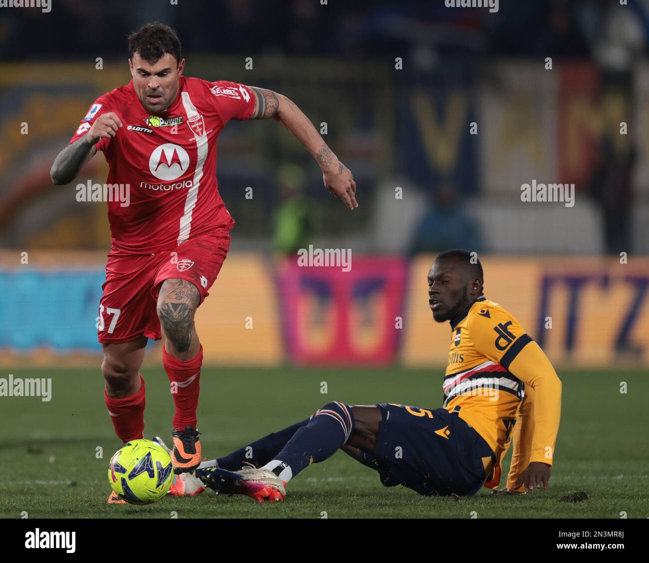 Monza, Italy, 6th March 2023. Andrea Petagna of AC Monza takes on Omar ...