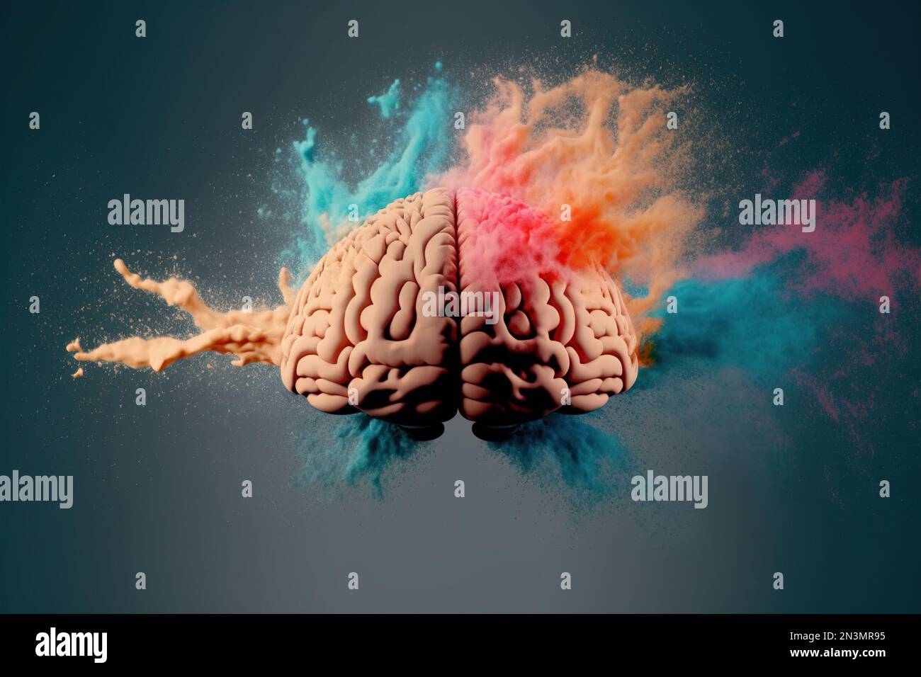 A genius human brain abstract color powder explosion art with 3D creative splash showing concept ...