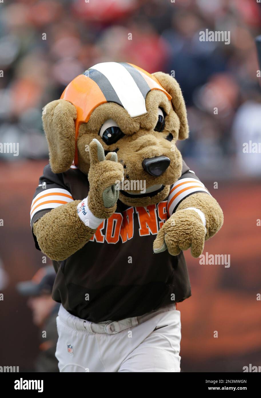 Cleveland Browns mascot "Chomps" performs on the field before an NFL ...