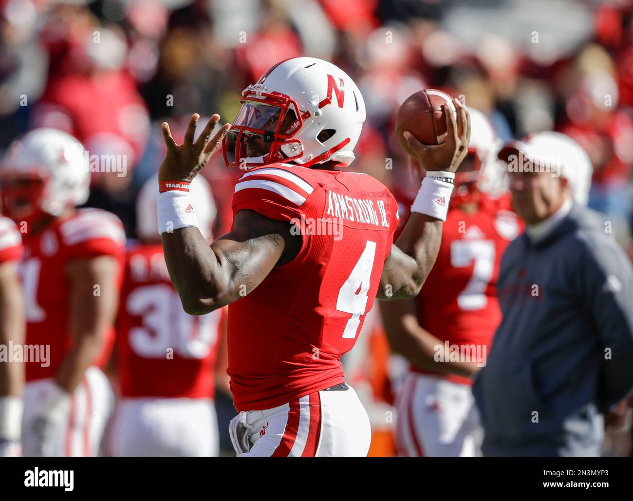 Nebraska quarterback Tommy Armstrong Jr. (4) throws before an NCAA ...