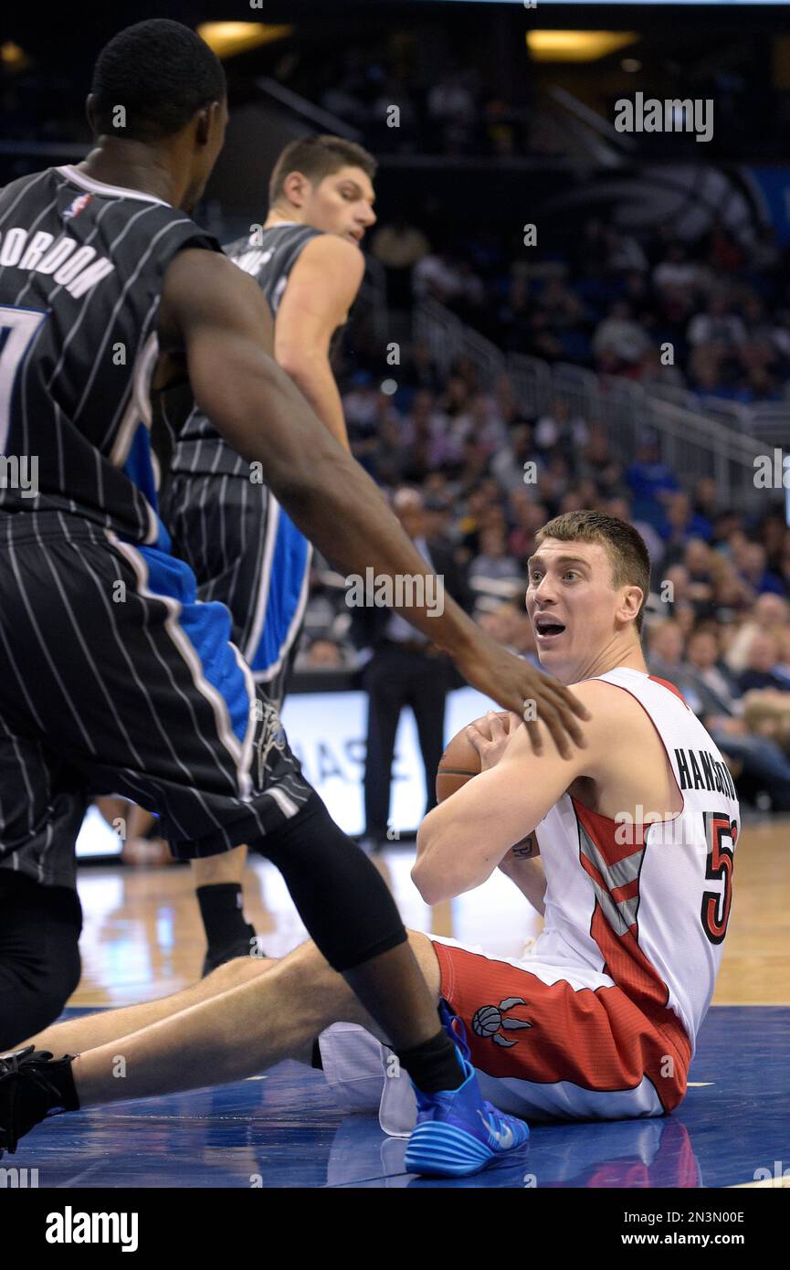 Toronto Raptors forward Tyler Hansbrough, right, gains control of a ...