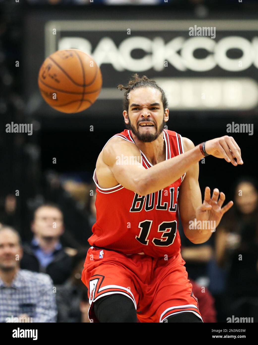 Chicago Bulls' Joakim Noah passes the ball in the second half of an NBA ...