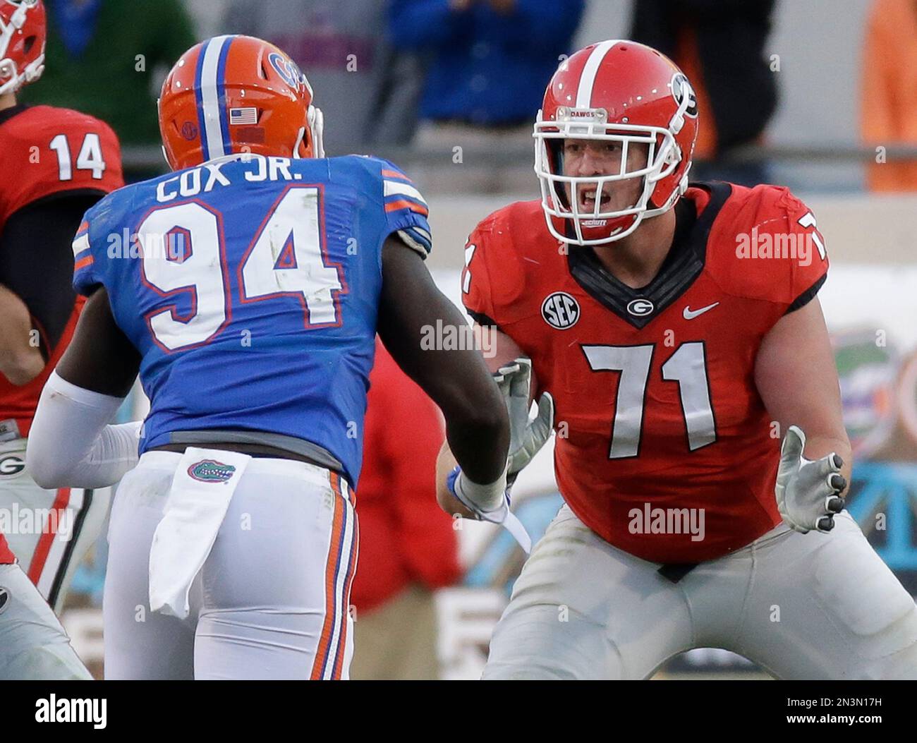 Georgia offensive tackle John Theus (71) looks to block Florida ...