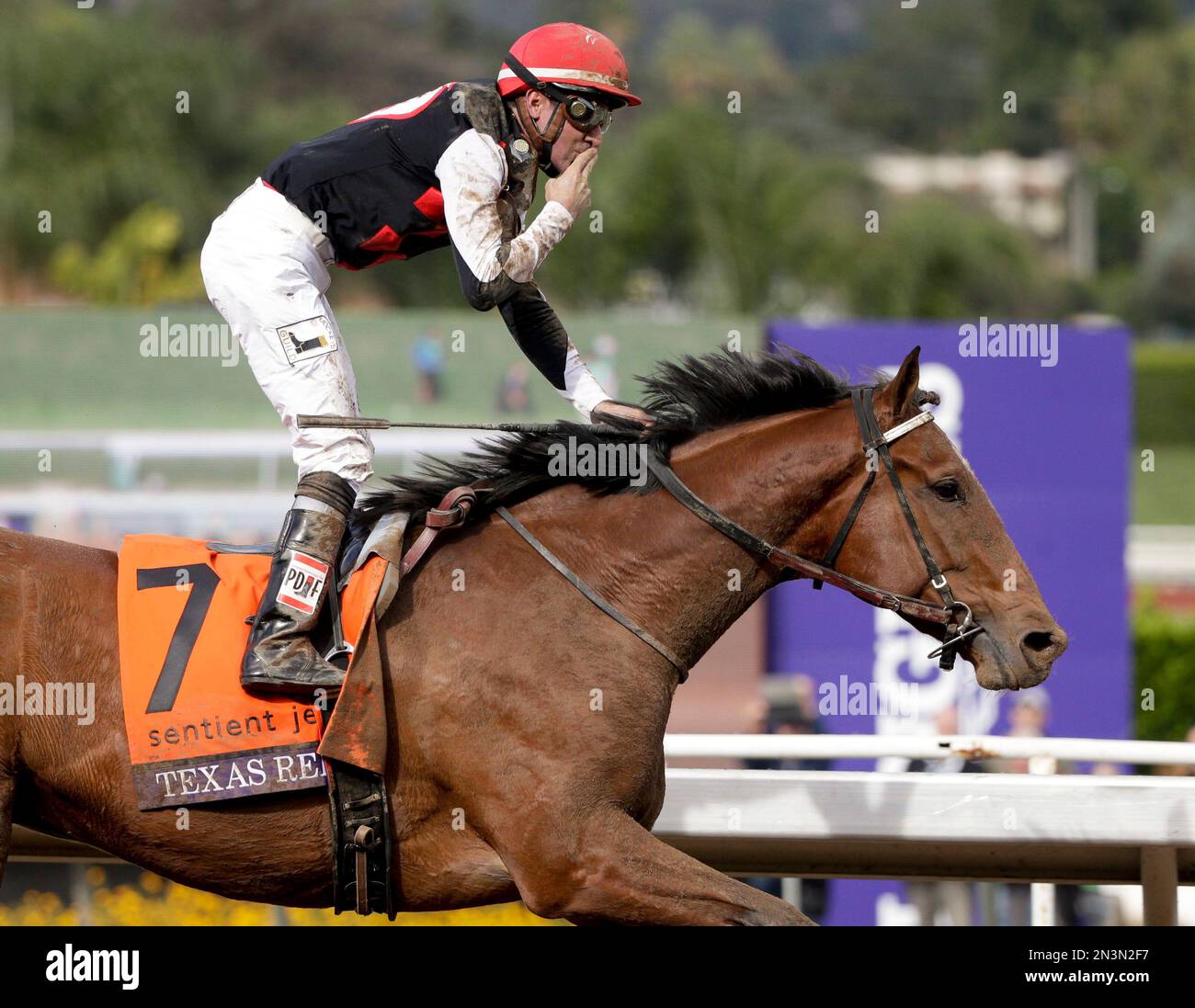 Jockey Kent Desormeaux celebrates after riding Texas Red to victory in ...