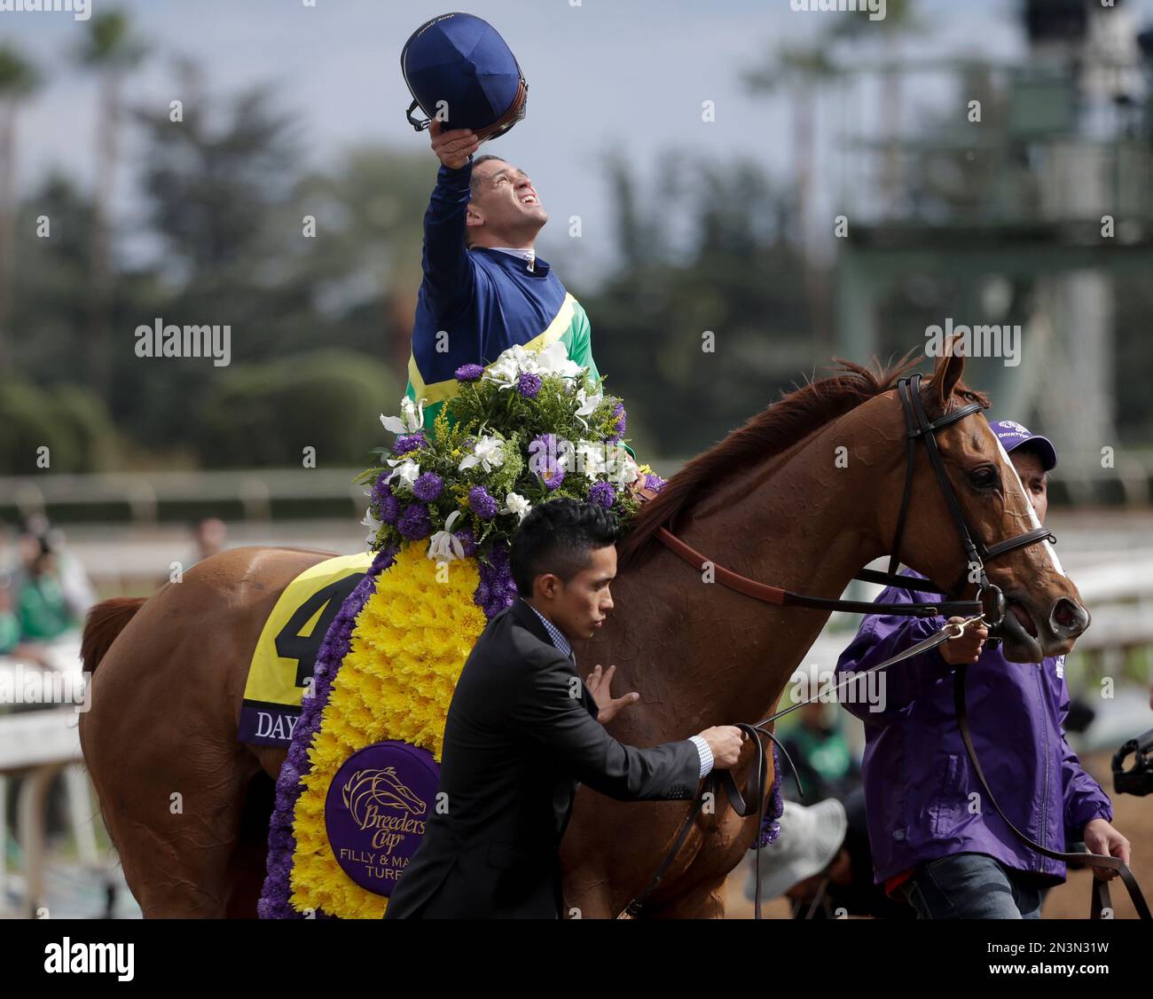 Jockey Javier Castellano celebrates after riding Dayatthespa to victory ...