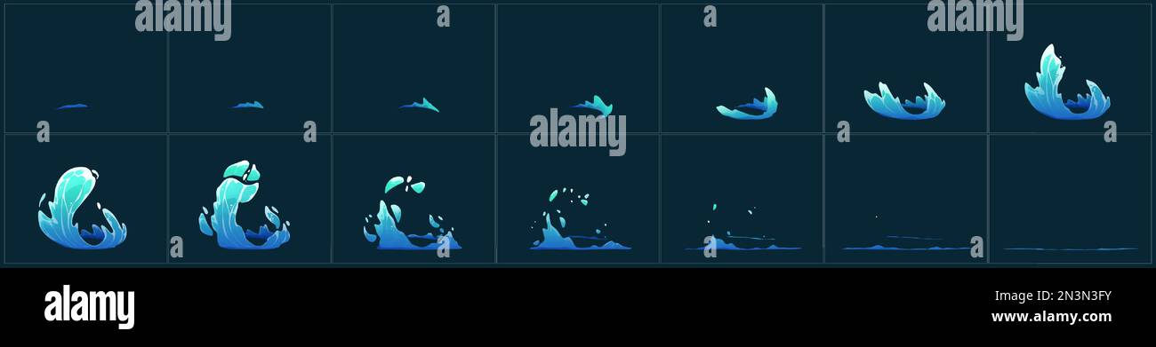 Animation sprite sheet of water splash, sea or ocean wave isolated on black background. Clean ...