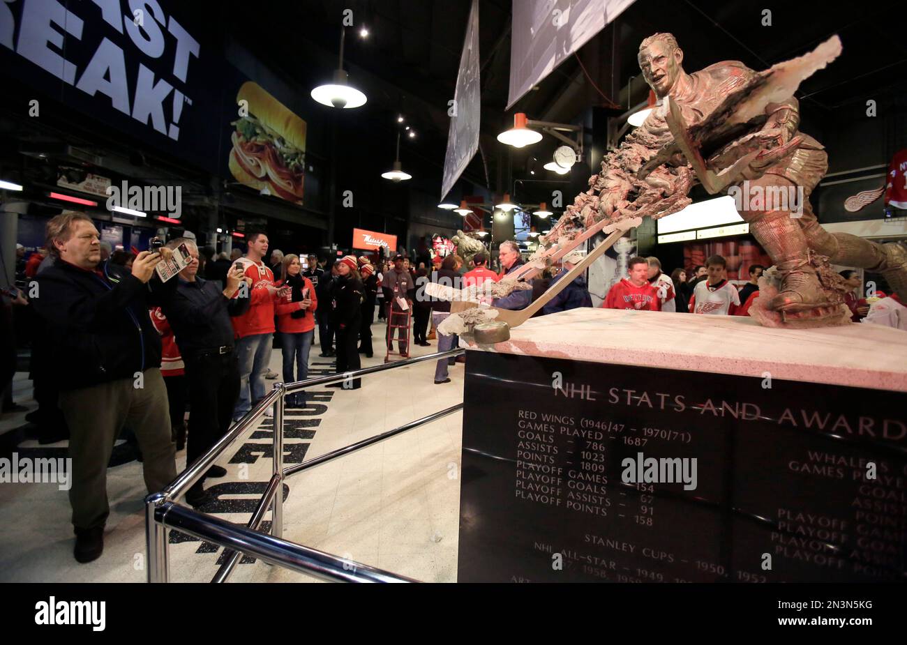 Fans take pictures of a statue of Detroit Red Wings legend Gordie Howe ...