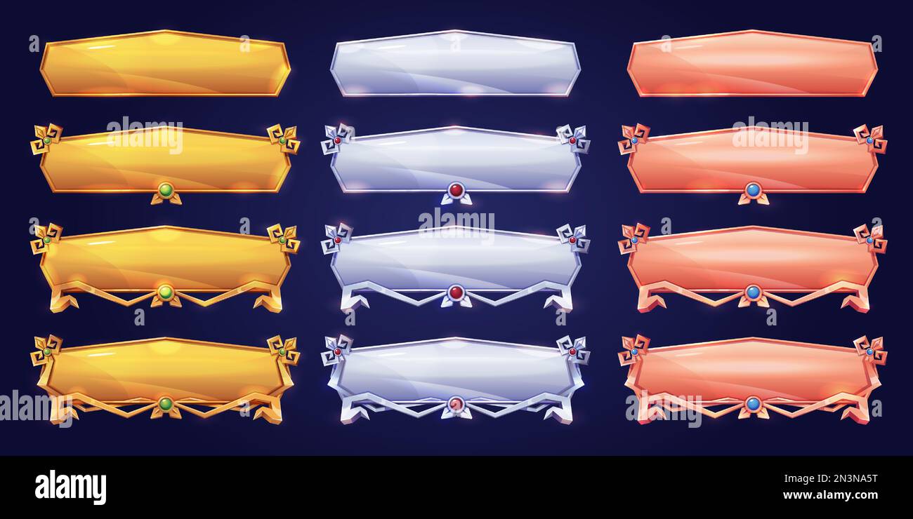 Medieval buttons, ui game menu elements, gold metal oblong banners and ornate rims. Empty royal ...