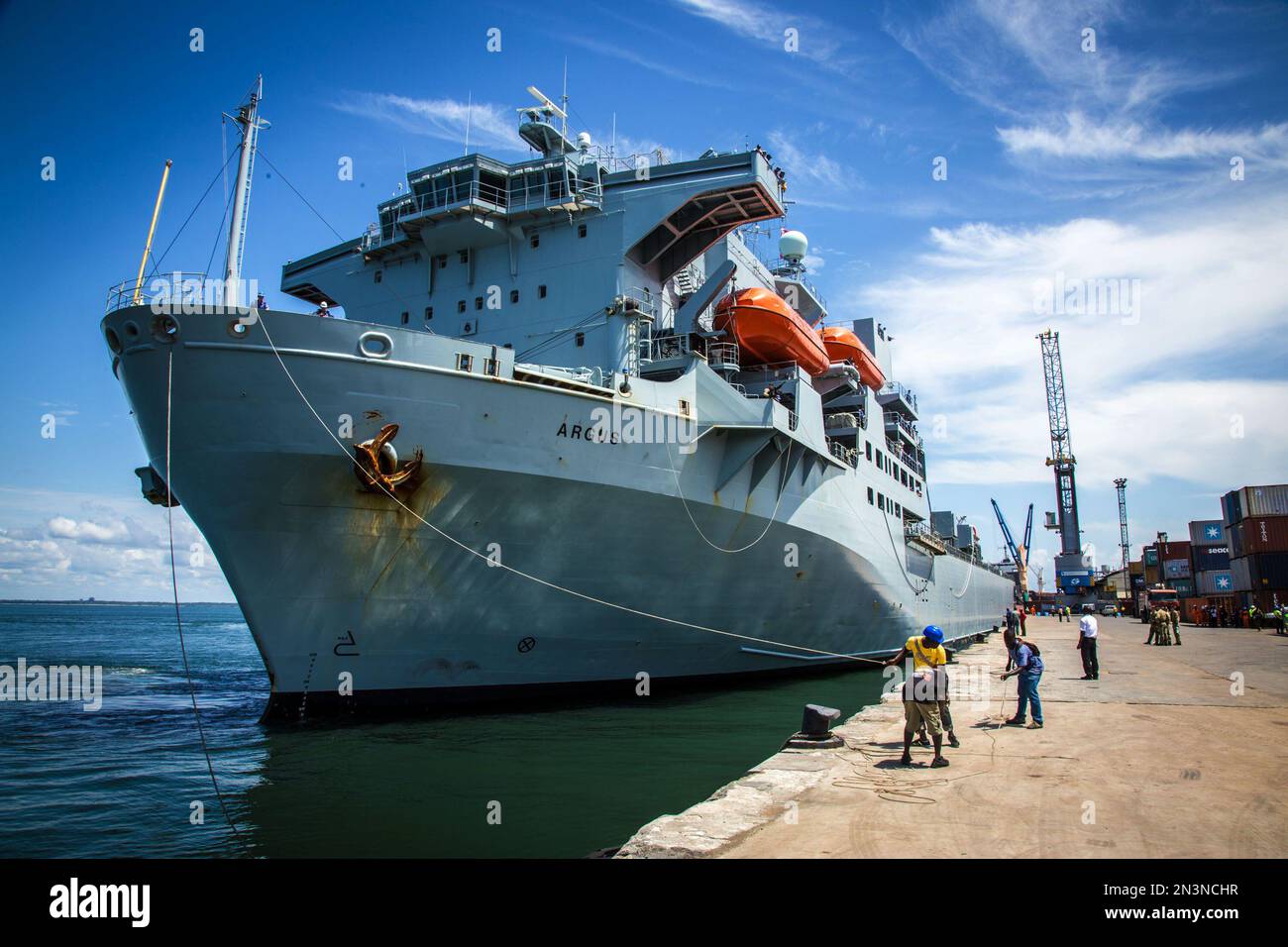 The British ship RFA Argus docks at the port in Freetown, Sierra Leone ...