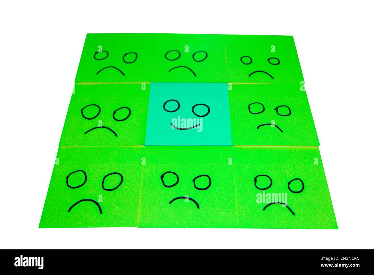 Unhappy and happy concept. Background of blue and green sticky notes ...