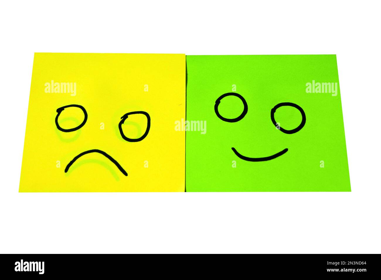 Unhappy and happy concept. Background of sticky notes. Green sticky ...